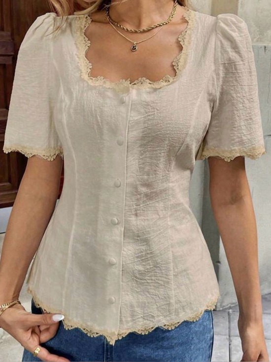 SHEIN | Tops | Shein Cream Lacetrim Button Front Puff Sleeve Top | Poshmark